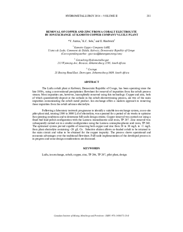 (PDF) Removal of Copper and Zinc from a Cobalt Electrolyte by Ion Exchange at Kamoto Copper ...