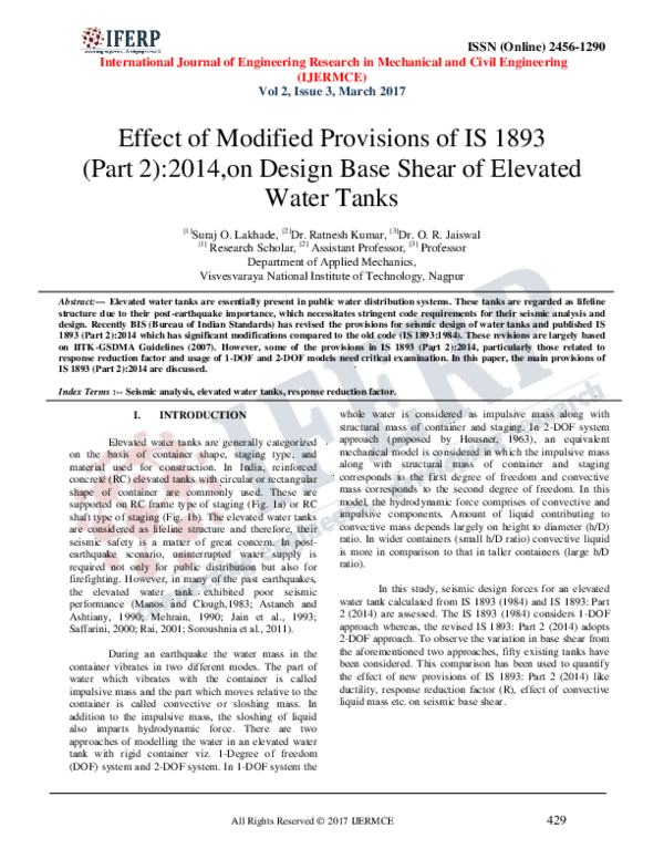 (PDF) Effect of Modified Provisions of IS 1893 (Part 2):2014,on Design Base Shear of Elevated ...