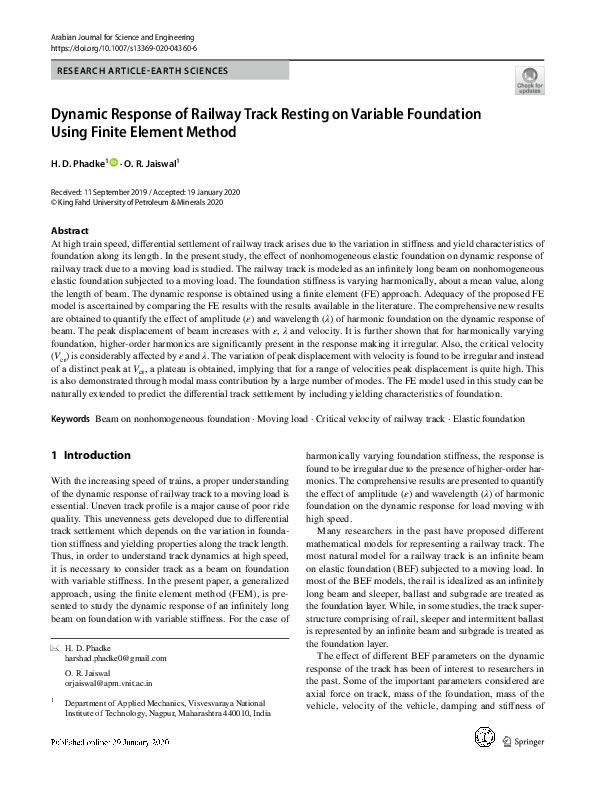 (PDF) Dynamic Response of Railway Track Resting on Variable Foundation Using Finite Element Method