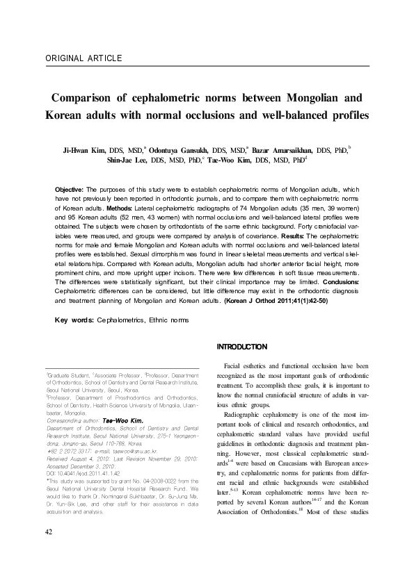 (PDF) Comparison of cephalometric norms between Mongolian and Korean ...