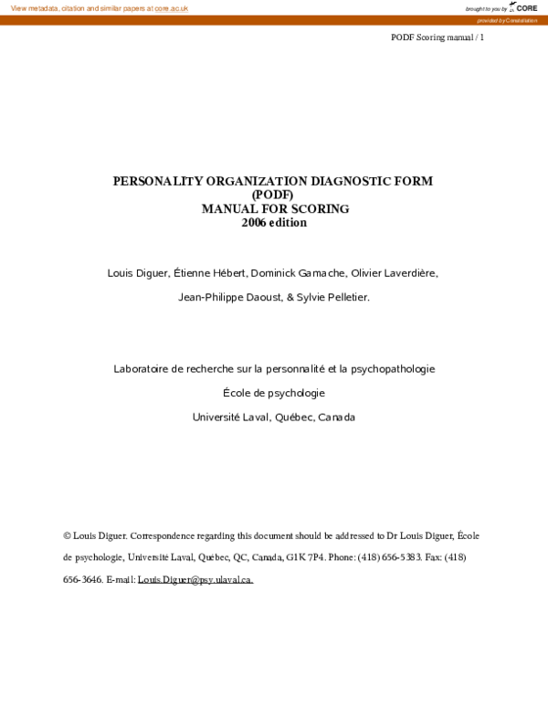 (PDF) Personality Organization Diagnostic Form, II: Manual for Scoring