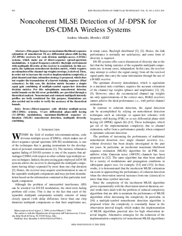 (PDF) Noncoherent M-DPSK Detection for CDMA Systems