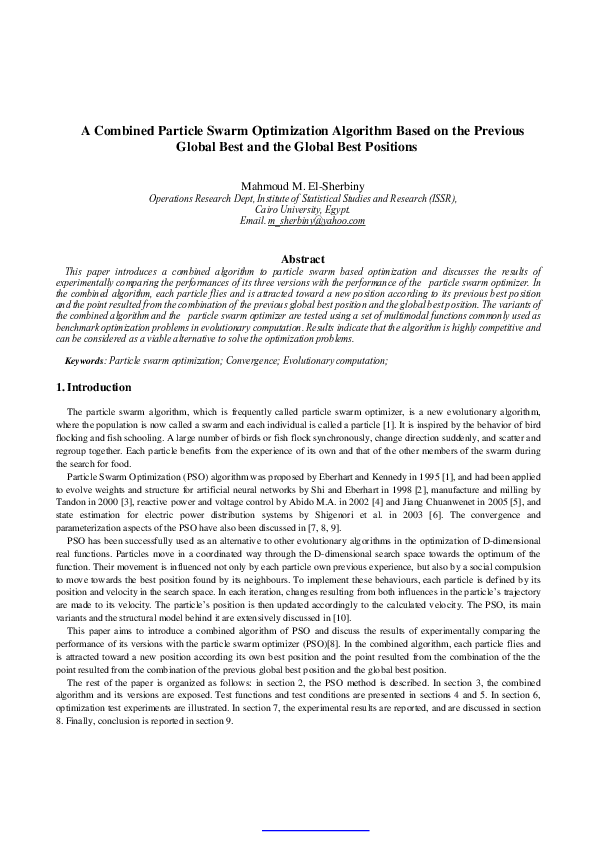 Pdf A Combined Particle Swarm Optimization Algorithm Based On The Previous Global Best And The