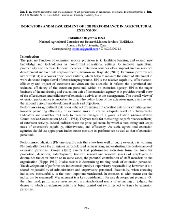 (PDF) INDICATORS AND MEASUREMENT OF JOB PERFORMANCE IN AGRICULTURAL ...