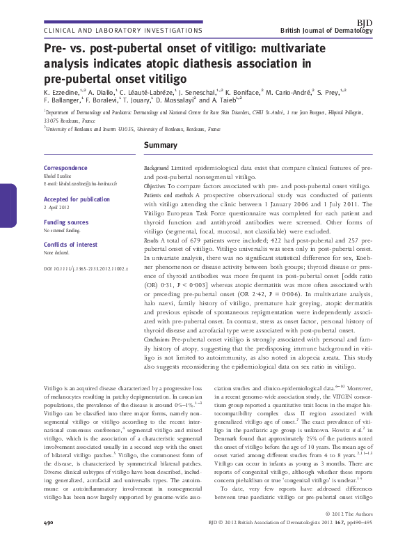 (PDF) Pre- vs. post-pubertal onset of vitiligo: multivariate analysis ...