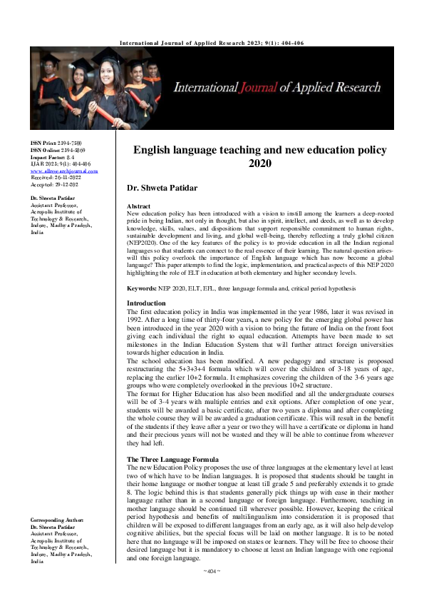 (PDF) English language teaching and new education policy 2020