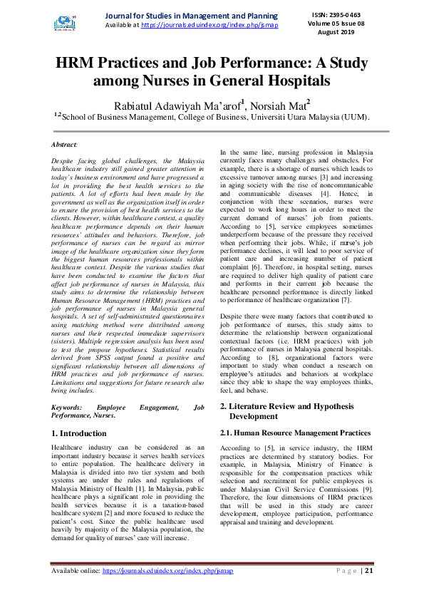 (PDF) HRM Practices and Job Performance : A study among Nurses in General Hospitals
