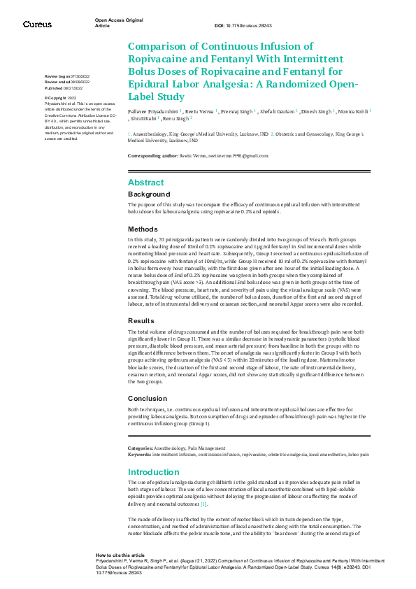 (PDF) Comparison of Continuous Infusion of Ropivacaine and Fentanyl ...