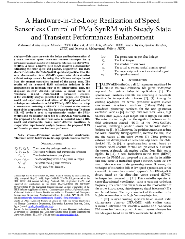 Pdf A Hardware In The Loop Realization Of Speed Sensorless Control Of Pma Synrm With Steady
