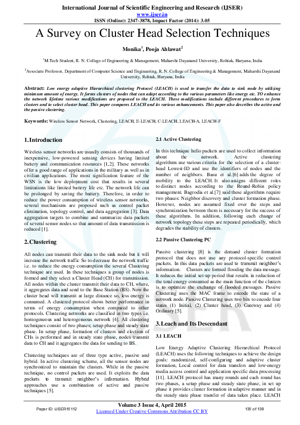 (PDF) A Survey on Cluster Head Selection Techniques