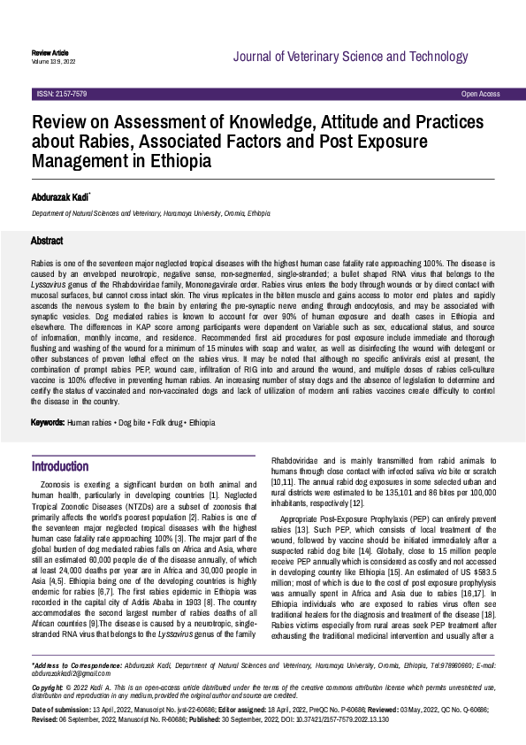 (PDF) Review on Assessment of Knowledge, Attitude and Practices about Rabies, Associated Factors ...