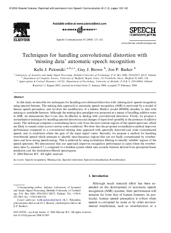 (PDF) Techniques for handling convolutional distortion with `missing data' automatic speech ...
