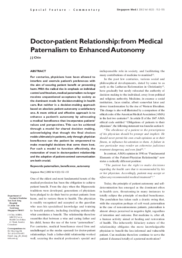 (PDF) Doctor-patient relationship: from medical paternalism to enhanced ...