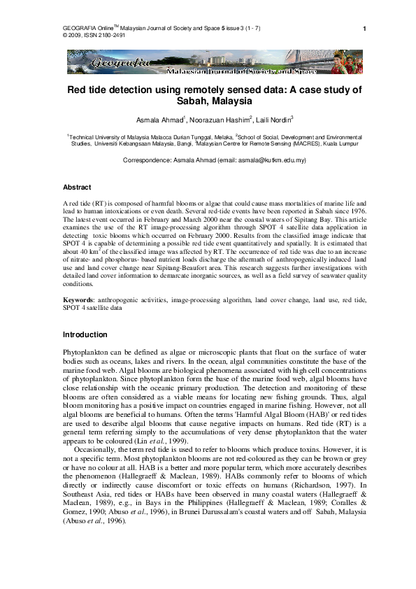 (PDF) Red tide detection using remotely sensed data: A case study of Sabah, Malaysia