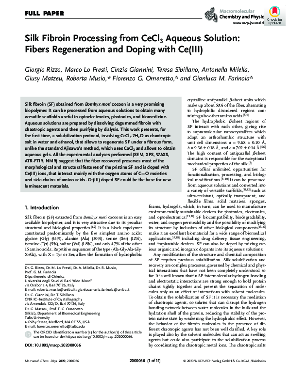 (PDF) Silk Fibroin Processing from CeCl 3 Aqueous Solution: Fibers ...