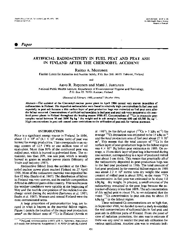 (PDF) Artificial Radioactivity in Fuel Peat and Peat Ash in Finland ...
