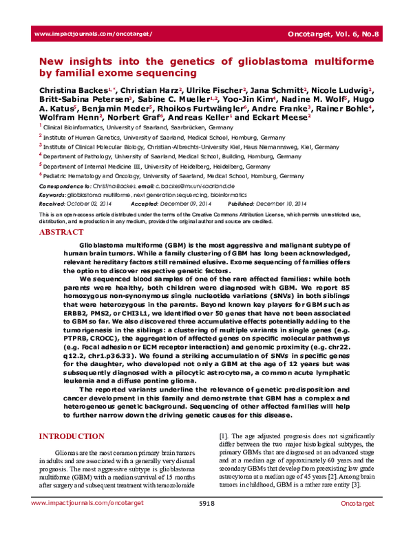 (PDF) New insights into the genetics of glioblastoma multiforme by familial exome sequencing ...