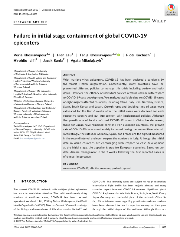 (PDF) Failure in initial stage containment of global COVID‐19 epicenters | Hirohito Ichii ...
