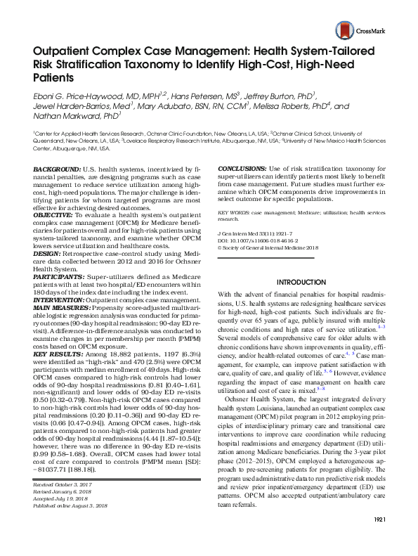 (PDF) Outpatient Complex Case Management: Health System-Tailored Risk ...
