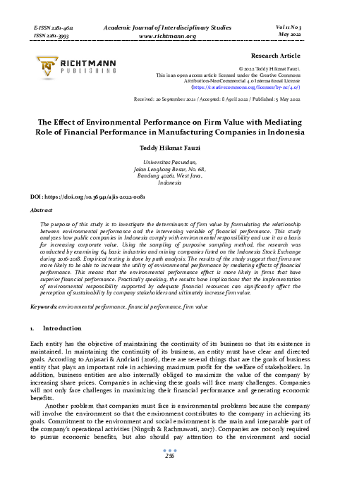 (PDF) The Effect of Environmental Performance on Firm Value with Mediating Role of Financial ...