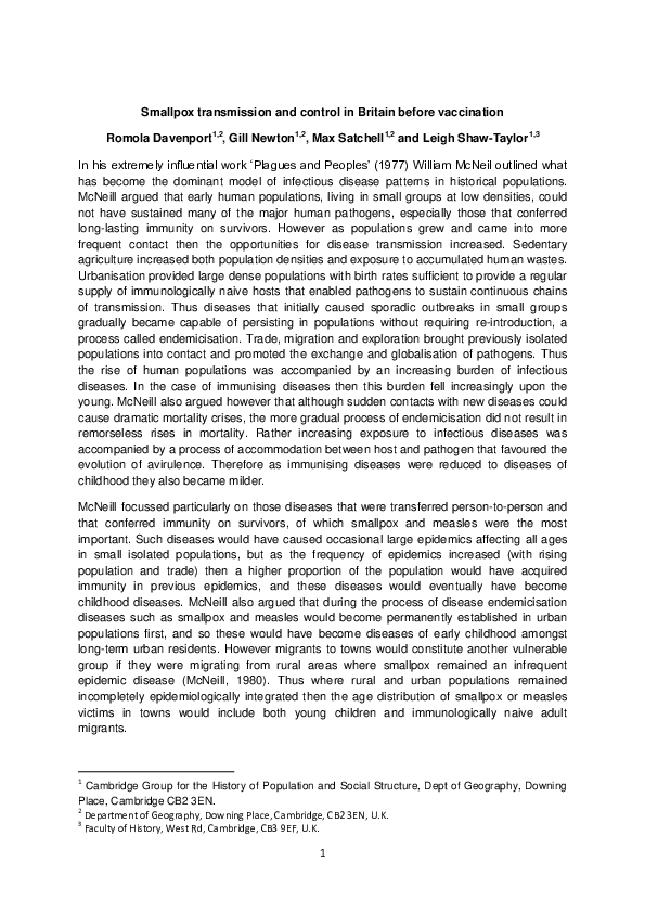(PDF) Smallpox transmission and control in Britain before vaccination