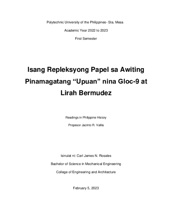 (PDF) Isang Repleksyong Papel sa Awiting Pinamagatang “Upuan” nina Gloc ...
