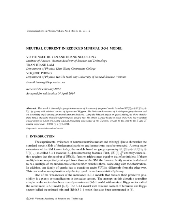(PDF) Neutral Current in Reduced Minimal 3-3-1 Model