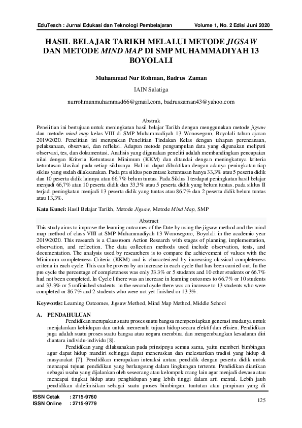 (PDF) Hasil Belajar Tarikh Melalui Metode Jigsaw Dan Metode Mind Map DI ...