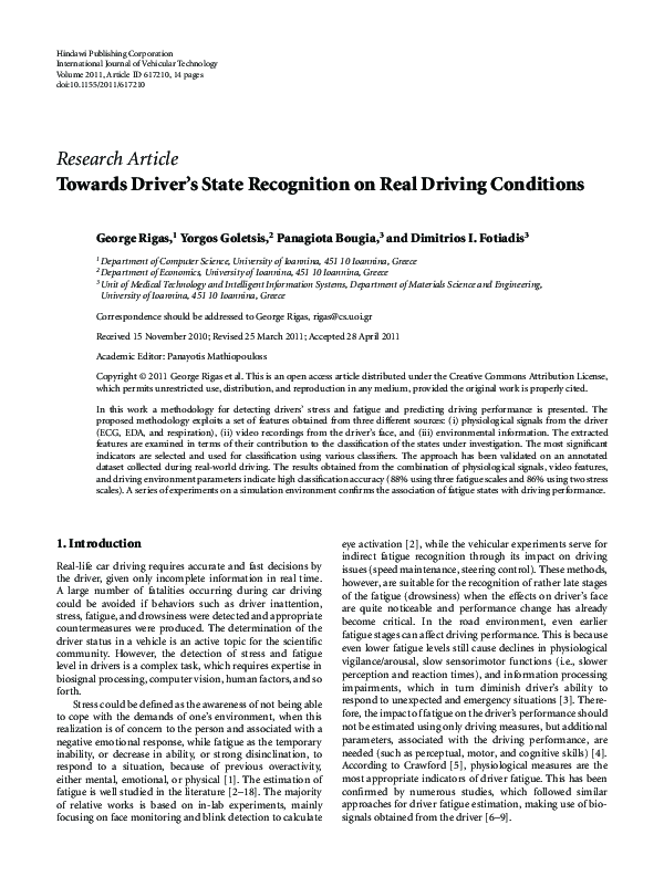 (PDF) Towards Driver's State Recognition on Real Driving Conditions