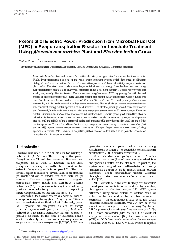 (PDF) Potential of Electric Power Production from Microbial Fuel Cell ...