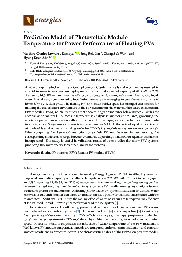 (PDF) Prediction Model of Photovoltaic Module Temperature for Power Performance of Floating PVs