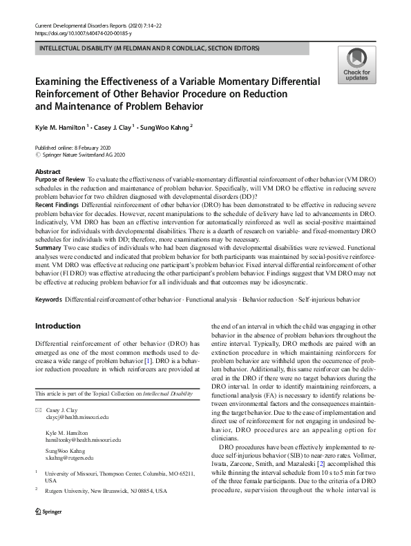 (PDF) Examining the Effectiveness of a Variable Momentary Differential Reinforcement of Other ...