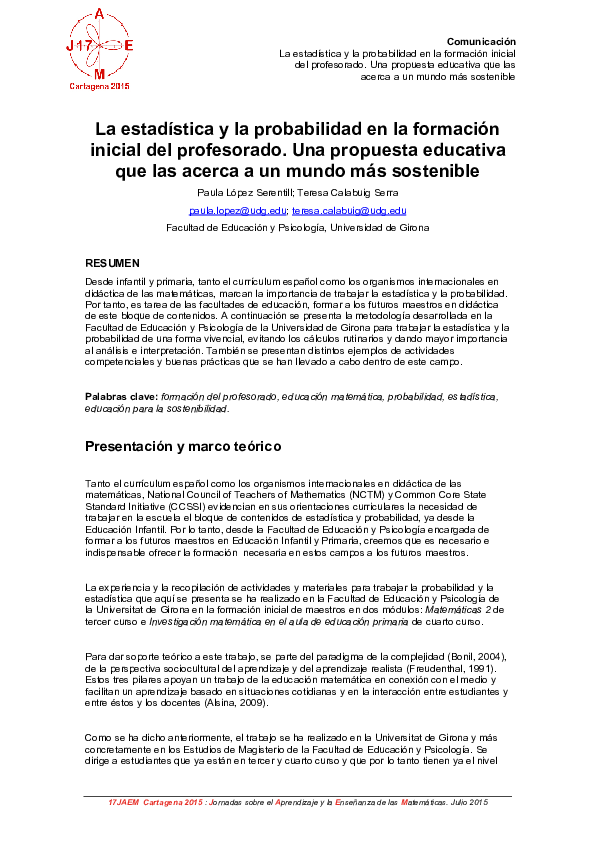(PDF) La estadística y la probabilidad en la formación inicial del profesorado. Una propuesta ...