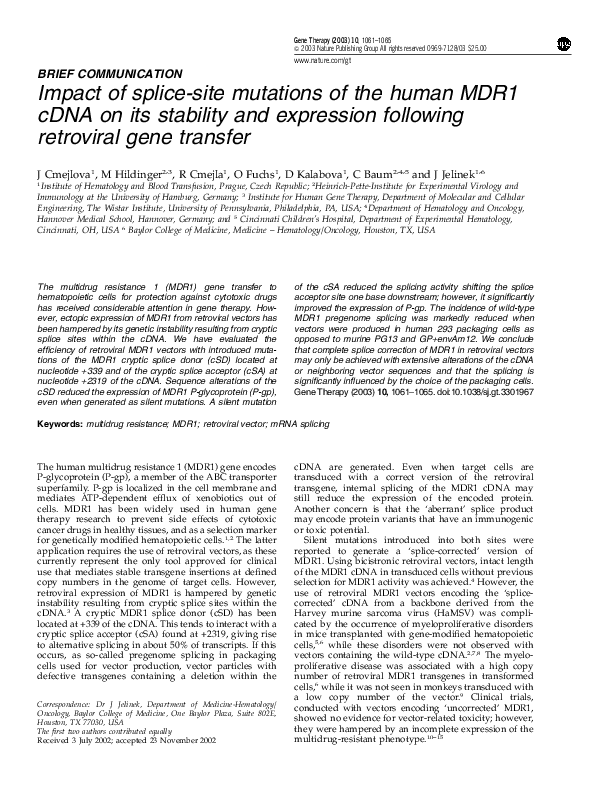 (PDF) Impact of splice-site mutations of the human MDR1 cDNA on its ...