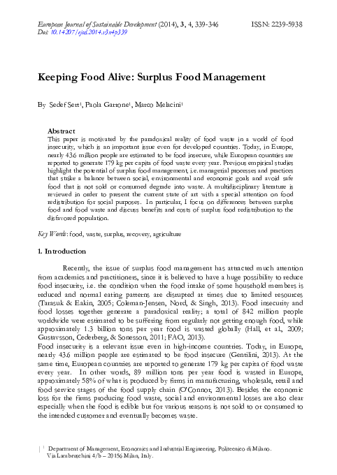 (PDF) Keeping Food Alive: Surplus Food Management