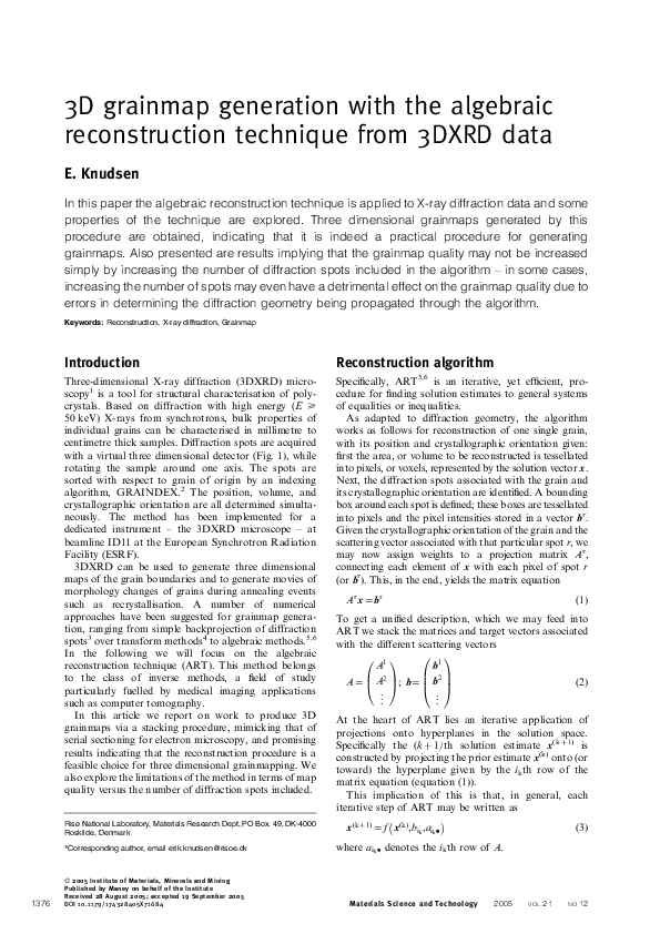 Pdf 3d Grainmap Generation With The Algebraic Reconstruction Technique From 3dxrd Data Erik