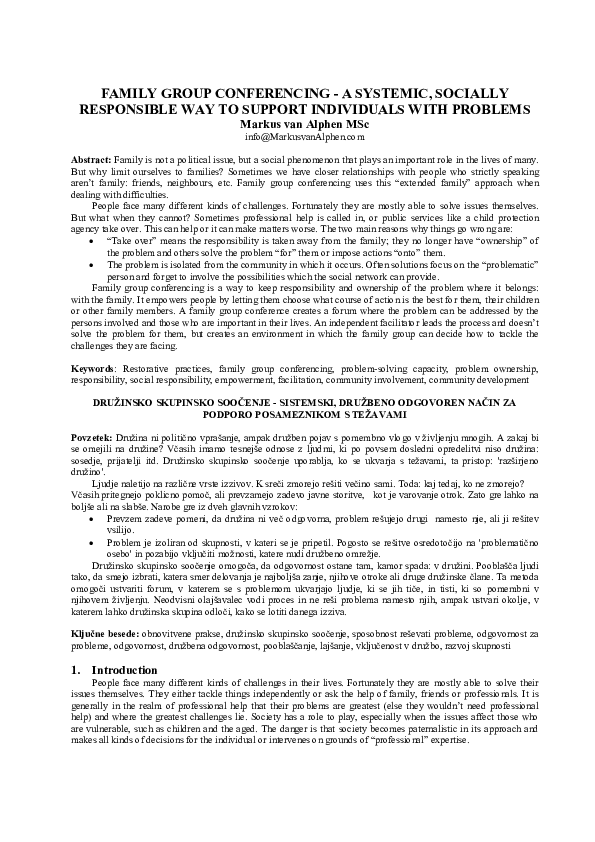 (PDF) Family Group Conferencing A systemic, socially responsible way to ...