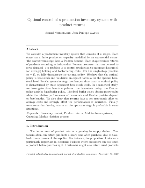 Pdf Optimal Control Of A Production Inventory System With Productreturns