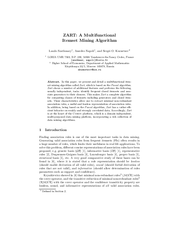 Pdf Zart A Multifunctional Itemset Mining Algorithm