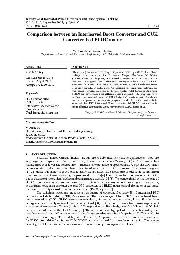 (PDF) Comparison between an Interleaved Boost Converter and CUK Converter Fed BLDC Motor