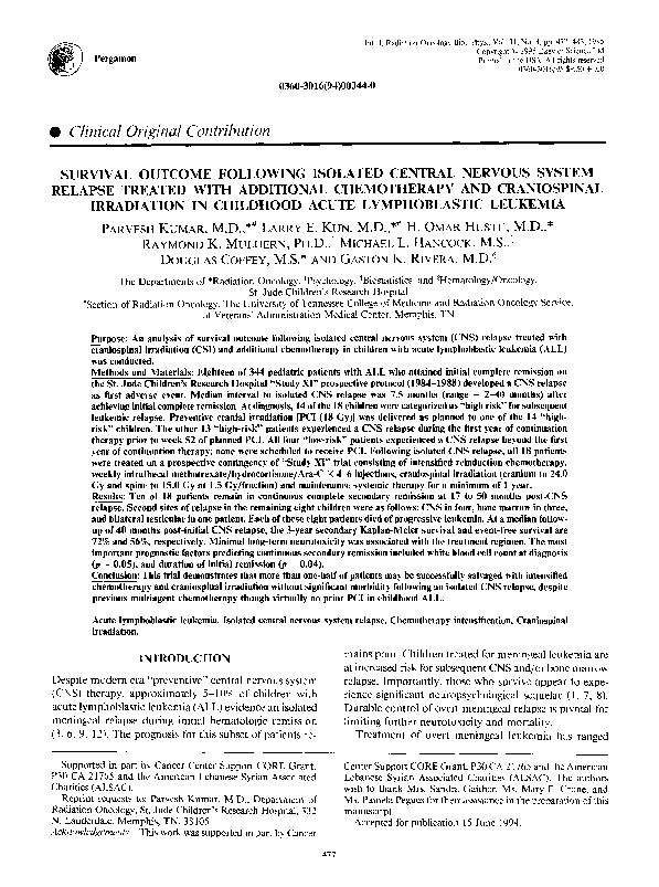 (PDF) CNS Relapse in Childhood ALL: Survival Analysis