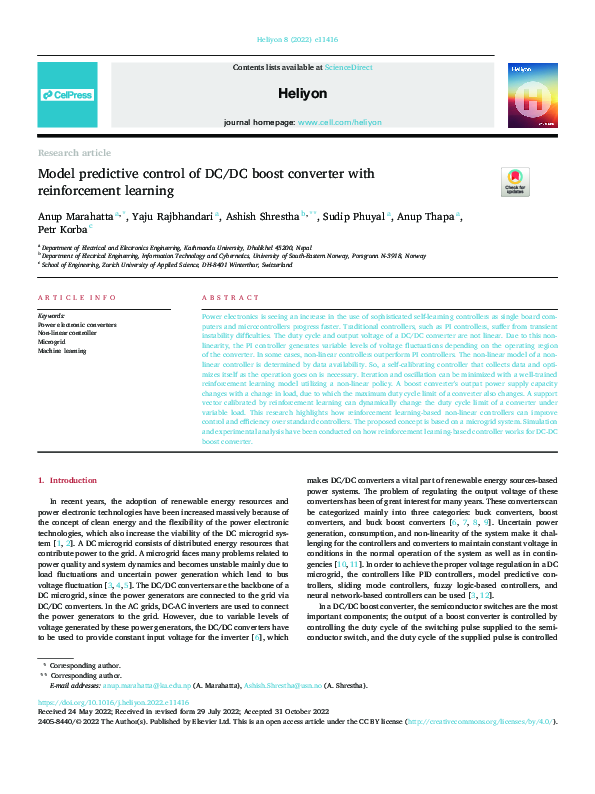 Pdf Model Predictive Control Of Dc Dc Boost Converter With Reinforcement Learning