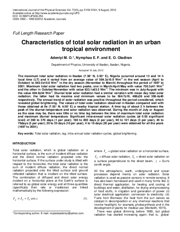 (PDF) Urban Tropical Solar Radiation Patterns in Ibadan, Nigeria
