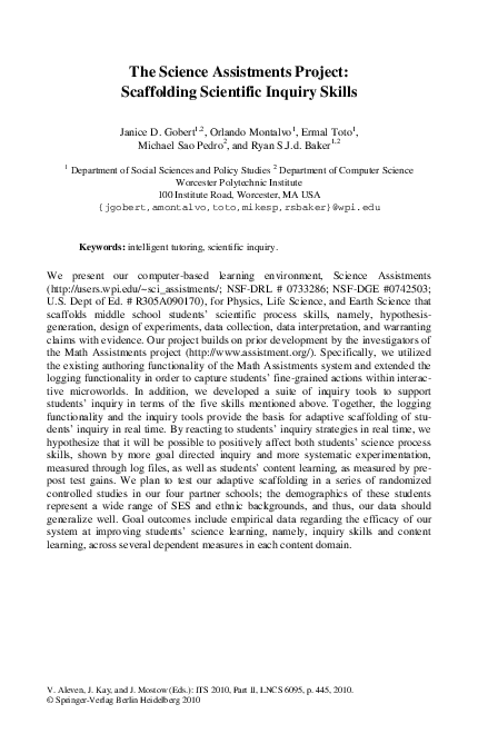 (PDF) The Science Assistments Project: Scaffolding Scientific Inquiry ...