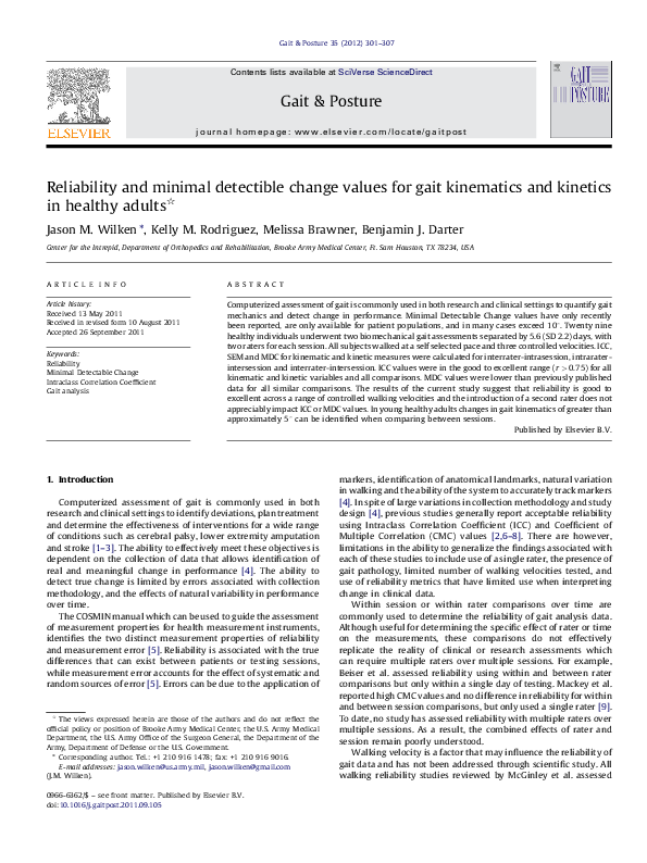 (PDF) Reliability and minimal detectible change values for gait kinematics and kinetics in ...