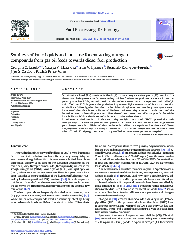 (PDF) Synthesis of ionic liquids and their use for extracting nitrogen compounds from gas oil ...