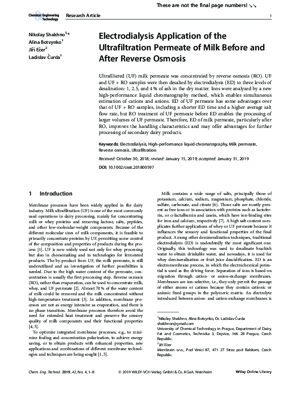 (PDF) Electrodialysis Application of the Ultrafiltration Permeate of ...