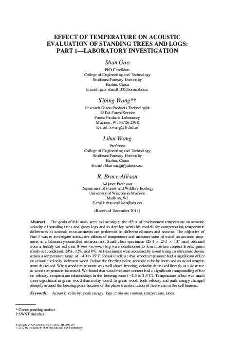 (PDF) Effect of Temperature on Acoustic Evaluation of Standing Trees and Logs: Part 1 Laboratory ...
