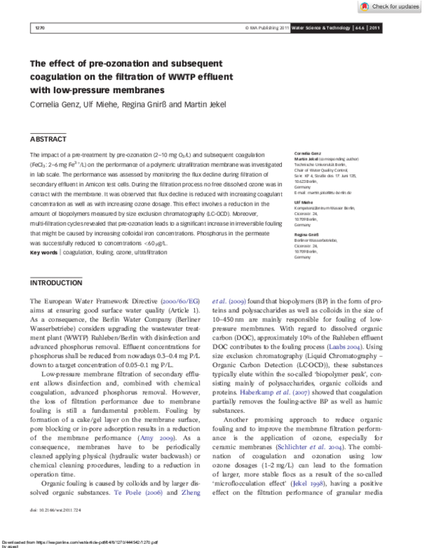 (PDF) The effect of pre-ozonation and subsequent coagulation on the filtration of WWTP effluent ...