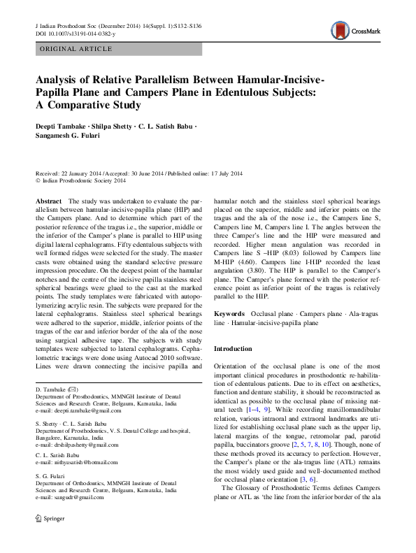 (PDF) Analysis of Relative Parallelism Between Hamular-Incisive-Papilla Plane and Campers Plane ...